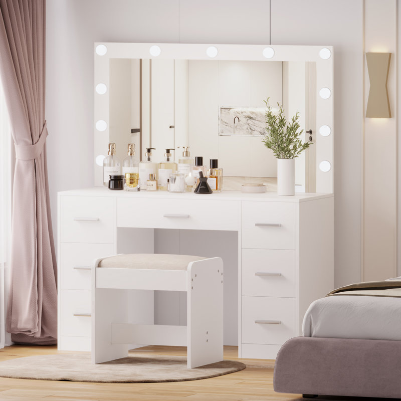 Latitude Run Vanity Desk Set with Lighted Large Mirror Cushioned Stool Bedroom Dressing Table with 7 Drawers Latitude Run Color White